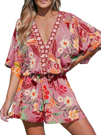 Cupshe Damen Sommerkleid V Ausschnitt Kimono &Auml;rmel Cover Up Strandkleid Tropical Print Loose Fit Freizeitkleider Sommer Mini Dress Rosa Blumen XL