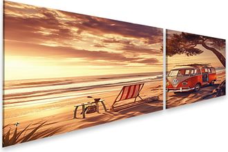 Islandburner Bild auf Leinwand Sonnenuntergang am Strand mit Kult Bus f&uuml;r Wohnzimmer Strandliebhaber Surfshop Bilder Wandbilder Poster