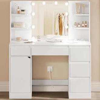 Woltu Coiffeuse avec Miroir LED, Multiprise, Éclairage Réglable, Grande Coiffeuse avec 5 Tiroirs, Étagères Ouvertes, Armoire, Table de Maquillage en Bois po