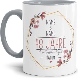 Tassendruck Tasse zum Hochzeitstag Amethyst Hochzeit - mit Name & Datum selbst gestalten - 48 Jahre Ehe, Paar, Geschenk Hochzeit, Jubiläum, Jahrestag I Personalis