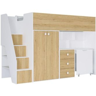 Vente-Unique Lit mezzanine 90 x 190 cm avec armoire et bureau - Blanc et naturel - LANILATO