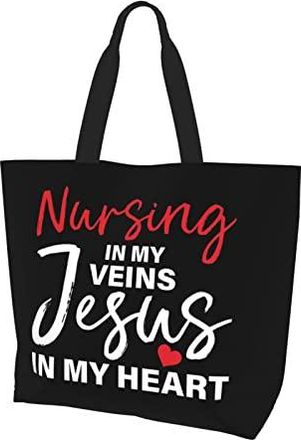AOOEDM Nursing In My Veins Jesus In My Heart Ladies Canvas Tote Sac &agrave; provisions r&eacute;utilisable