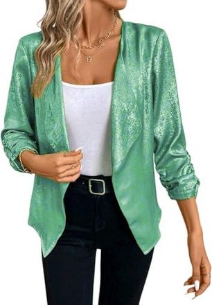 Generic Blazer pour Femme - Veste Blazer Scintillante pour Femme Cardigan Ouvert sur Le Devant Manches 3/4 Fronc&eacute;es Col &Agrave; Revers Veste De Tailleur &Eacute;l&eacute;gante Et