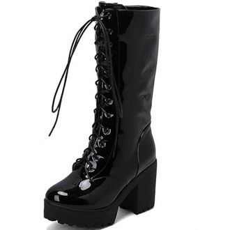 SJJH Bottes mi-longues &agrave; lacets r&eacute;glables | Bottes pour femme pour temps frais, talon 9,5 cm, fermeture &eacute;clair lat&eacute;rale, doublure chaude, Noir, 42 EU