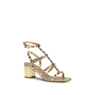 Valentino Garavani Womens Gold Calf Leather Bos Taurus Strap-On Sandals