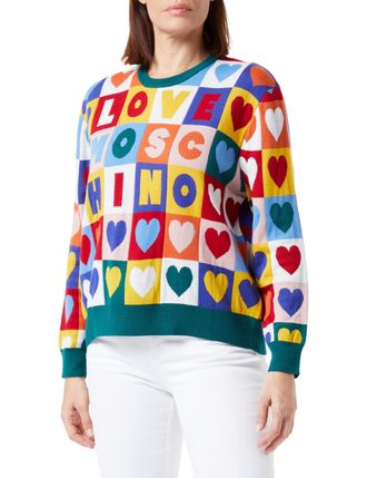 Love Moschino Damen Comfort Fit Long-Sleeved Pulloverwith with Hearts Pullover, Yellow, Pink, Red, Green, Black, 40 EU