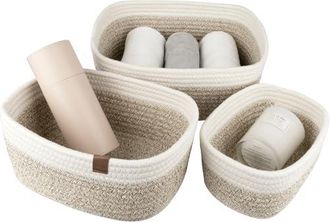 La Jolíe Muse Panier de Rangement de 13,5 cm en Coton Tissé, Ensemble de 3 Corbeilles Empilables à Usages Multiples, Blanc et Marron Clair