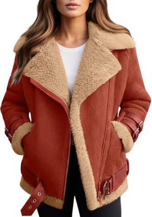 Minetom Blouson Aviateur Femme Hiver Veste En Polaire Chaude Manteau en Fausse Fourrure Blouson pour Motard A Rouge XXL