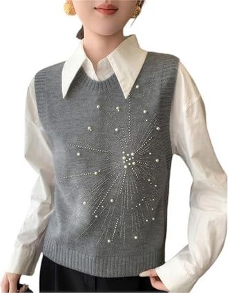 Generic Gilet sans Manches en Laine M&eacute;lang&eacute;e pour Femme, Col Rond, Style Classique, Maille C&ocirc;tel&eacute;e Unie, Imprim&eacute; Perles Et Strass, Gris, Taille XXS