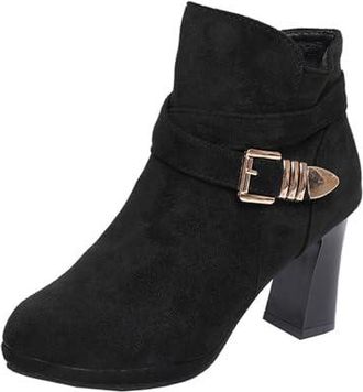 Generic Bottines tendance &agrave; bout rond et talon &eacute;pais pour femme avec boucle et sangle d&eacute;corative, fermeture &eacute;clair lat&eacute;rale, chaussures dhiver d&eacute;contract&eacute;es, 