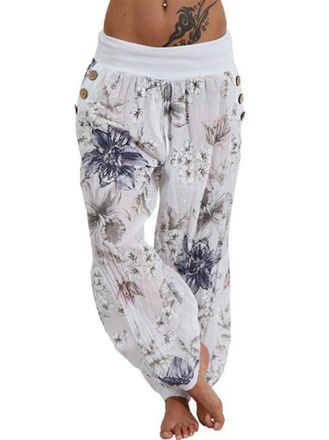 TOMWELL Yogahose Damen L&auml;ssige Blumenmuster Haremshose Lang Strandhose mit Taschen A Wei&szlig; M