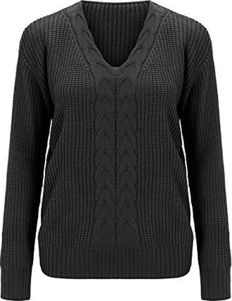 Generic Pull en tricot &agrave; manches longues pour femme - Couleur unie - Col en V - Coupe ajust&eacute;e - Automne et hiver, Noir, XL