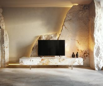 DELIFE Lowboard Cuor 200 cm Keramik Minas Melange Wei&szlig;-Beige 1 Klappe 1 Schubfach Fu&szlig; Schwebeoptik Acrylglas, Lowboards