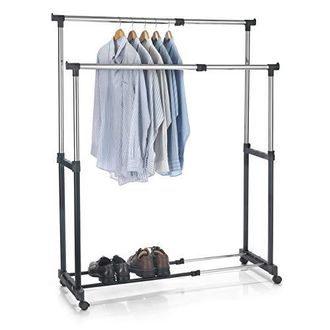 IDIMEX Portant à vêtements CASA en métal chromé et Noir, penderie Double sur roulettes vestiaire Mobile avec 2 Barres Hauteur et Longueur réglables