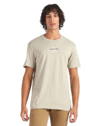 Calvin Klein Jeans Herren T-Shirt Kurzarm Monologo Regular Tee Rundhalsausschnitt, Beige (Plaza Taupe), S