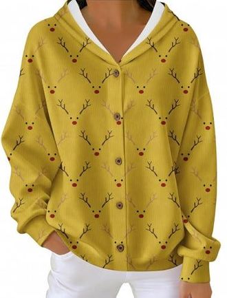 Generic Cardigan de Noël à capuche boutonné pour femme - Haut de Noël amusant - Imprimé de Noël - Veste à capuche surdimensionnée - Vêtements de sport - Costu