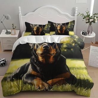 Generic Housse de Couette 220x240 Rottweiler Imprim&eacute;e 3D Pelouse Verte Parure de Lit 2 Personnes Doux Microfibre Literie avec 2 Taies Doreillers 65x65 cm avec