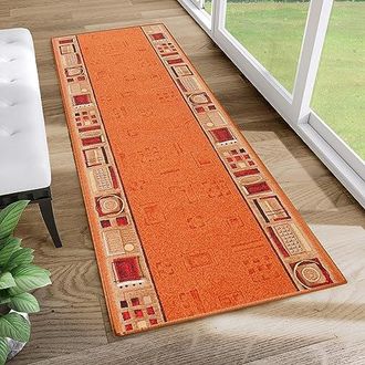 Tapiso Antidérapant Tapis Couloir Long Tapis au Mètre Tapis de Passage Poils Ras Tapis Entrée Cuisine Évier Chambre Escaliers Moderne Orange Beige Rouge Géom