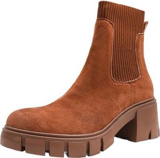 Generic Bottines Chelsea Élastiques pour Femmes Talons Bas Épais Semelles Crantées Bottines Courtes À Plateforme,Marron,42 EU