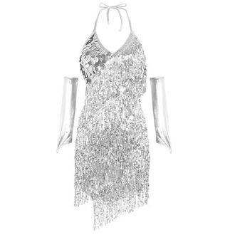 Generic Robe &agrave; paillettes pour femme - Dos nu - Robe de soir&eacute;e pour femme avec franges - Dos nu - &Eacute;l&eacute;gante robe midi - Mode sexy - Robe de f&ecirc;te - Carnaval - R