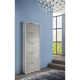 Dmora Schuhregal Margherita, Mehrzweck - Eingangsm&ouml;bel mit 5 Klappt&uuml;ren, Moderner Schuhschrank, 100% Made in Italy, Cm 67x18h184, Beton und Wei&szlig; - Dmora