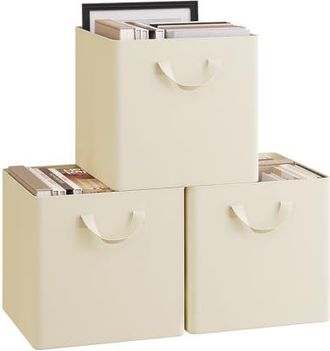 Woltu Lot de 3 Cubes de Rangement Pliables, Boîtes de Rangement en Tissu, avec Poignée et Cadre en Métal, Crème, 32,5x32,5x31cm