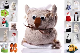 JACK Frottier Geschenk Set viele Modelle Handarbeit Origami G&auml;stetuch Handtuch Waschhandschuh, Motiv/Art:Eule