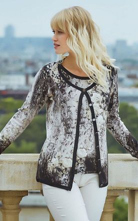 Passioni Cardigan Twinset mit abstraktem Blumen-, Spitzen- und Strukturdruck