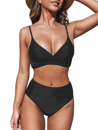 Cupshe Damen Bikini Set Crossover High Waist Bikini Bademode Elegant Wickeloptik Zweiteiliger Badeanzug Swimsuit Schwarz XXL