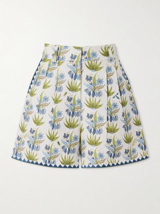Emporio Sirenuse Beatrice Celestine Shorts Aus Einer Leinen-baumwollmischung Mit Blumenprint - Blau