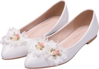 Garneck Chaussures de Mari&eacute;e Plates Blanches en Dentelle avec Noeud et Paillettes Pointure 40 Semelle Antid&eacute;rapante en Caoutchouc L&eacute;g&egrave;res et Confortables pour