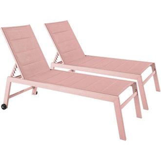 Oviala Lot de 2 bains de soleil en aluminium et textil&egrave;ne rose poudr&eacute;