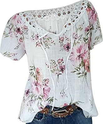 ORANDESIGNE T-Shirt Femme Grande Taille Tee Shirt Ete Chic Lâche Fleur Imprime Manche Courtes Col V Sexy Top Blouse Casual Haut Tunique Chemise I Blanc 3XL