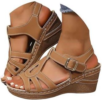 Generic Sandales compens&eacute;es orthop&eacute;diques pour femme 2025 - Sandales d&eacute;t&eacute; habill&eacute;es en li&egrave;ge - Bout ouvert - Sangle de cheville - Style boh&egrave;me - Confortables 