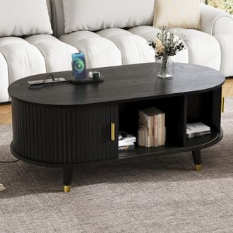 Generic Couchtisch im Mid-Century-Modern-Stil, Holztisch mit USB-Ladestation und Schiebet&uuml;r, ovaler Beistelltisch (108 cm) mit kannelierten Details f&uuml;r das Wo