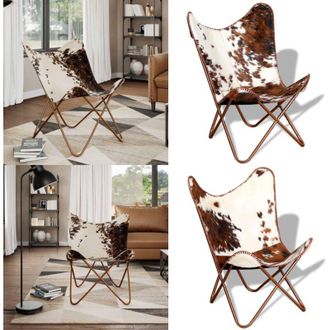 vidaXL Butterfly-Sessel Braun und Wei&szlig; Echtes Kuhfell - Butterfly Sessel - Vintage Sessel - Ledersessel - Designerstuhl - Wohnzimmersessel - Home & Living