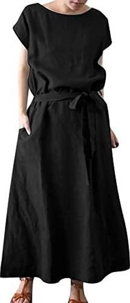 Generic Robe pour Mariage invit&eacute; Femme Dames Printemps &eacute;t&eacute; et Automne Couleur Unie Mode Ample boh&egrave;me Manches Courtes col Rond Couleur Unie Coton et Lin Ceintu