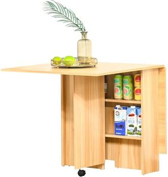 HOMCOM Table Pliante de Cuisine Salle &agrave; Manger Amovible sur roulettes 80L x 140l x 74H cm 2 &eacute;tag&egrave;res int&eacute;gr&eacute;es en Bois Coloris Bois Naturel