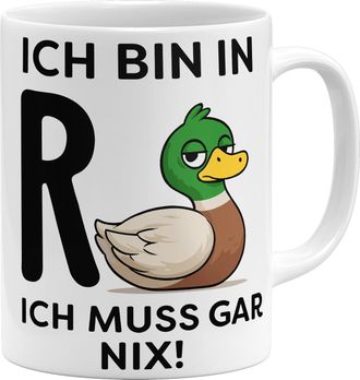 OM3 lustige Rentner Kaffee-Tasse mit Spruch - ich bin in R+Ente - ich muss gar nix - Rente - Keramik Becher - 325ml - Beidseitig Bedruckt - Weiss