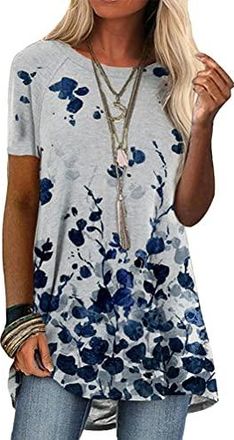 ORANDESIGNE T-Shirt Long pour Femme à Manche Courte T-Shirt Col Rond Blouse Eté Ample Casual Tops Imprimé Colorées Tee Shirt Mode Tops T-Shirt Lâche Haut Long Blo