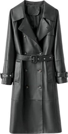 Generic Trench long en peau de mouton noir pour femme - Veste en cuir v&eacute;ritable &agrave; double boutonnage &agrave; revers crant&eacute; &agrave; lacets, Noir, S