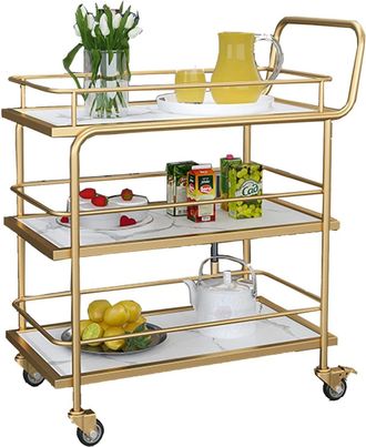 Generic Gold Barwagen 3 Etagen Servierwagen mit abschlie&szlig;baren Rollen, K&uuml;che, Wohnzimmer, Aufbewahrungswagen f&uuml;r Getr&auml;nke, Mehrzweckregal aus Holz und Metall 