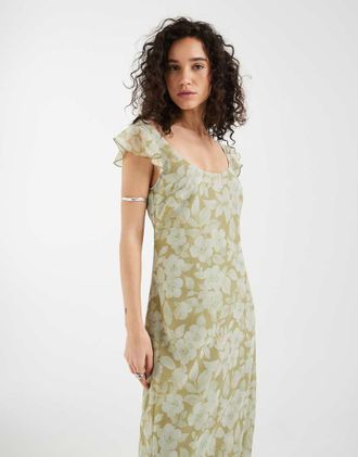 Motel Risala - Robe longueur mollet &agrave; encolure d&eacute;gag&eacute;e et imprim&eacute; fleuri - Vert p&acirc;le-Jaune