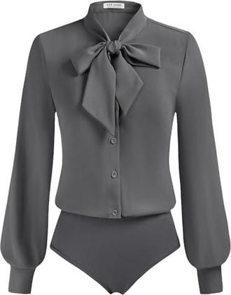 Kate Kasin Bodys élégants avec col en V pour femme - Chemisier Bowtie - Haut business, gris, XL