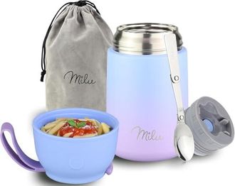 Milu Boîtes Alimentaires Isothermes 650 ml Boîte Isotherme Repas Chaud Porte-Aliments en Acier Inoxydable à Double Couche, Cuillère Pliante pour Ecole, Bur
