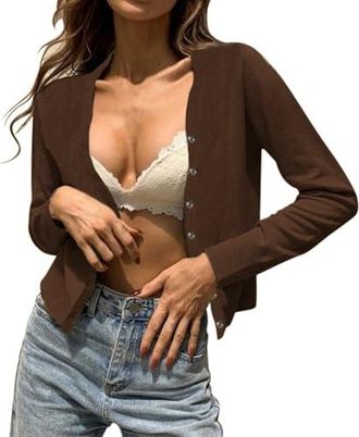 Generic Cardigan fin pour femme - Cardigan boutonn&eacute; basique &agrave; col en V - V&ecirc;tement dext&eacute;rieur confortable &agrave; manches longues - Cardigan de printemps l&eacute;ger - Cou