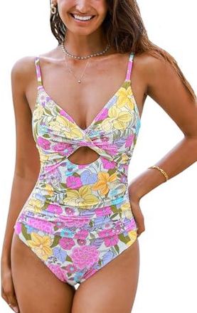 Cupshe Maillot de bain une pièce pour femme - Découpes torsadées sur le devant - Bretelles réglables - Maillot de bain froncé, Jaune/rose/floral, Taille S