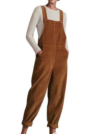 Generic Salopette &agrave; bretelles en velours c&ocirc;tel&eacute; pour femme, combinaison r&eacute;tro ann&eacute;es 90 avec poches, caf&eacute;, 3XL