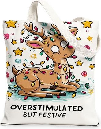 Generic Sacs fourre-tout en toile avec motif de renne de vacances, motif animal mignon, l&eacute;ger, lavable et r&eacute;utilisable pour les courses de No&euml;l, blanc, 13x15 