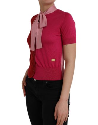 Dolce & Gabbana Womens Pink Short Sleeves Pullover Ascot Collar Top Silk